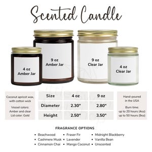 Scented Candle Size Chart, Coconut Apricot Wax 4oz 9oz Sizing Guide ...