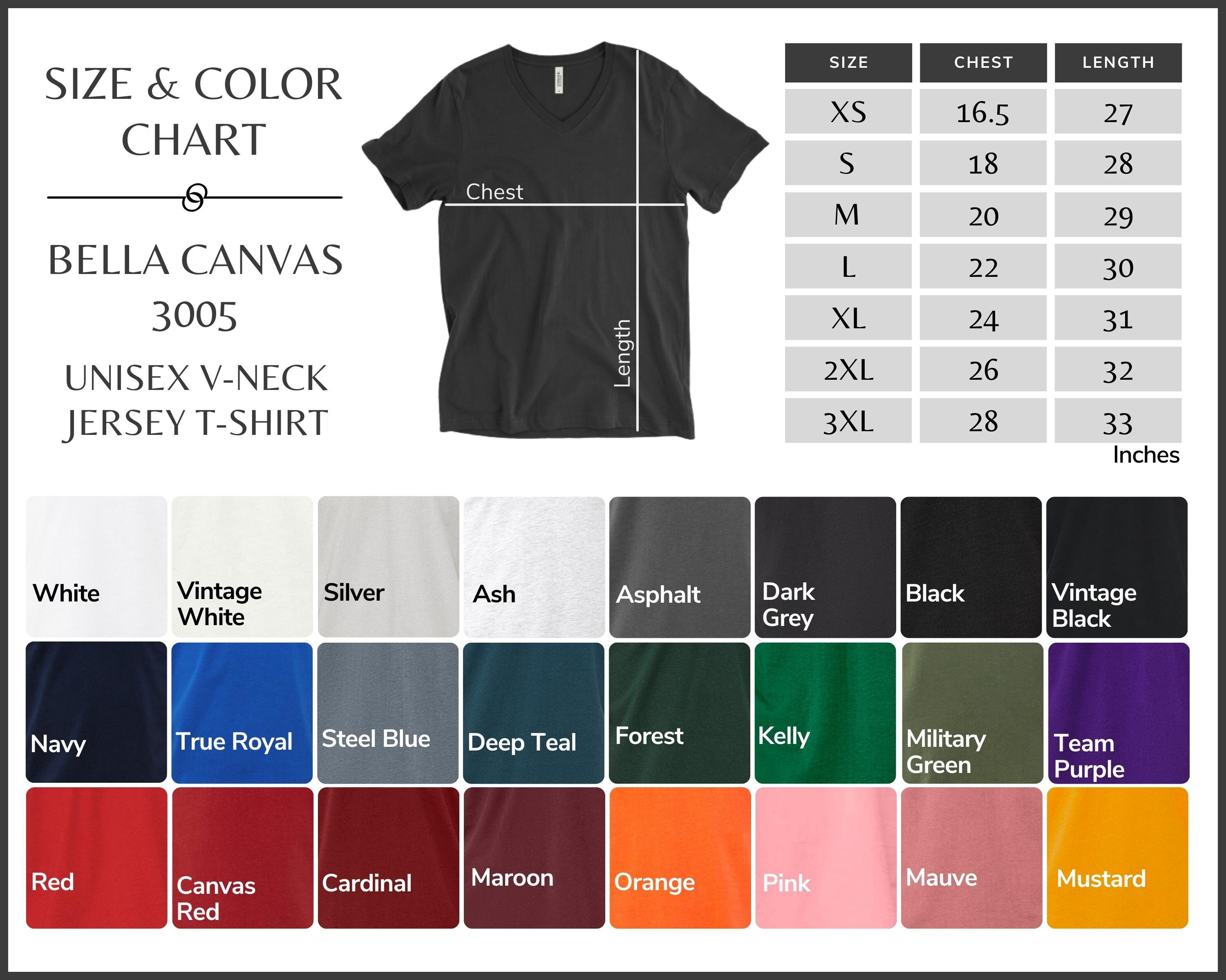 Bella Canvas 3005 Color Char, BC V-neck 3005 Tee Color and Size Chart ...