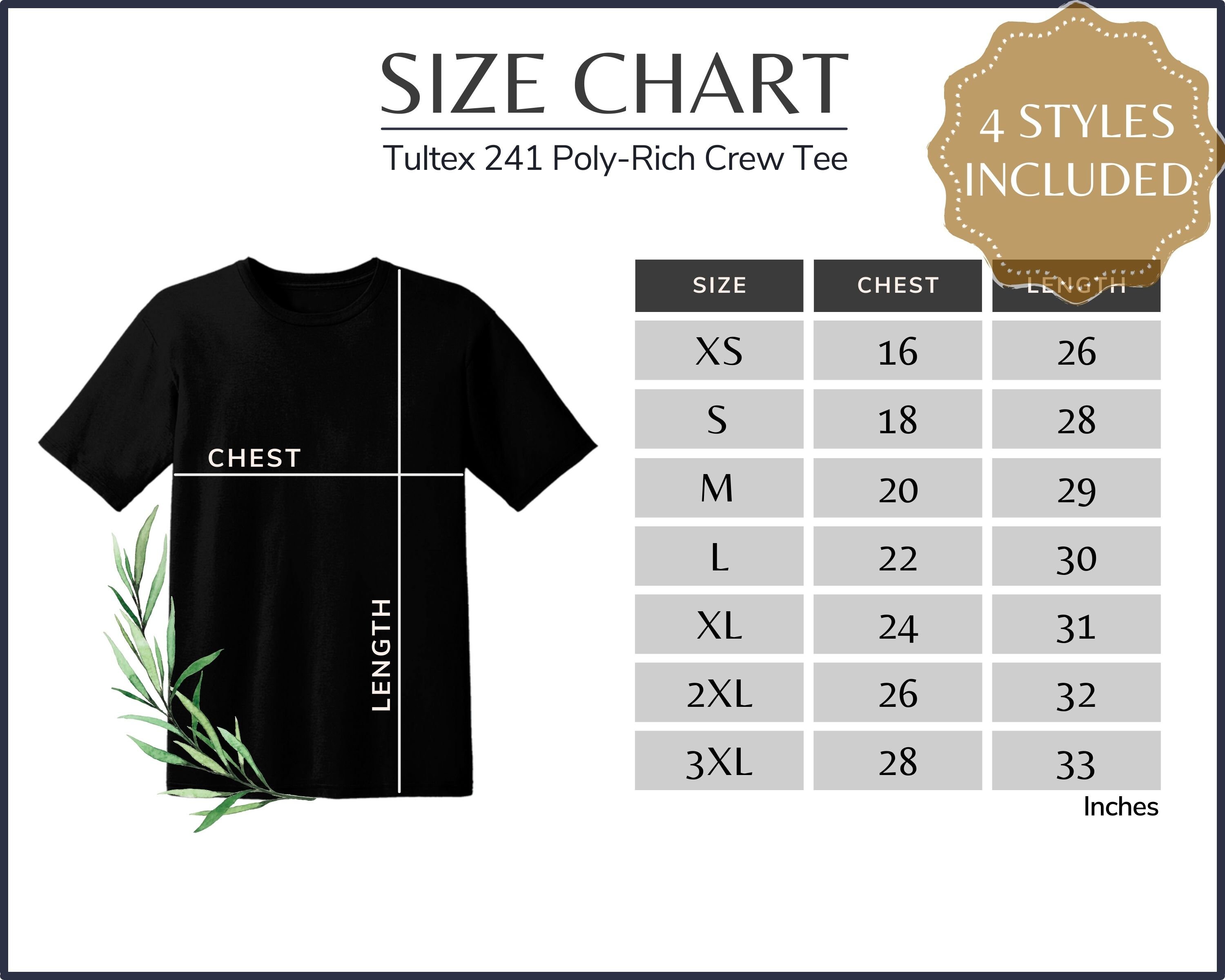 Tultex 241 Size Chart 241 Tultex T-shirt Size Table Tultex - Etsy
