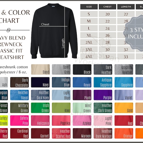 Gildan Sweatshirt Color and Size Chart Digital Download File - Etsy