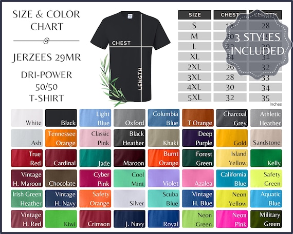 Jerzees 29MR Size Chart Jerzees 29MR Color and Size Table - Etsy