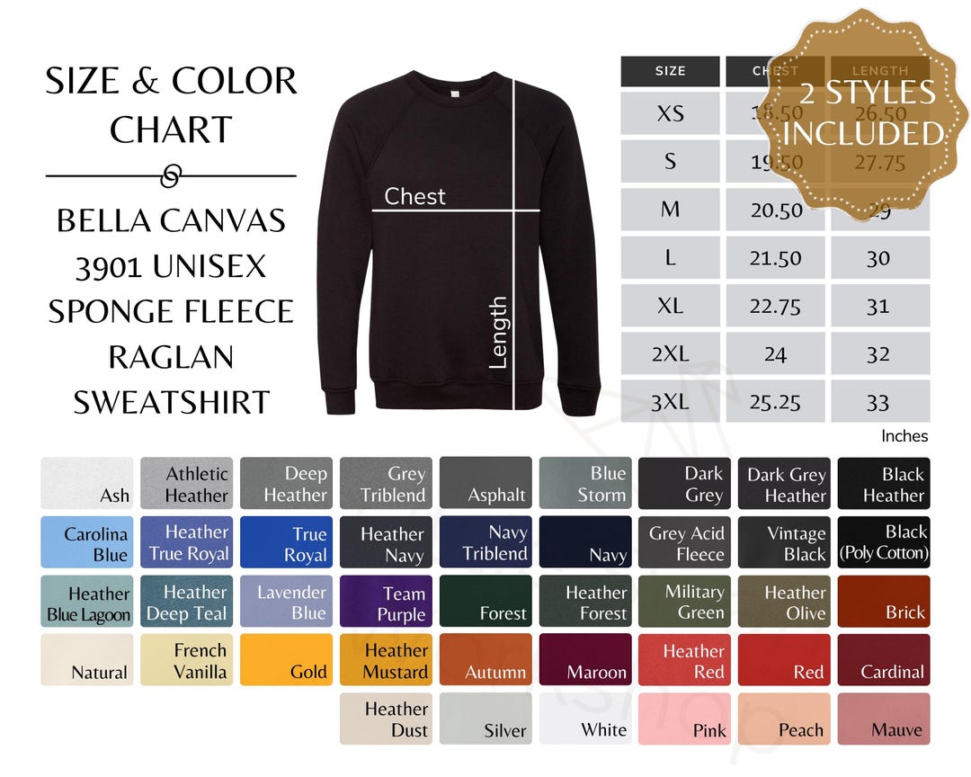 Bella Canvas 3901 Color Chart, BC Sweatshirt Color and Size Table 3901 ...