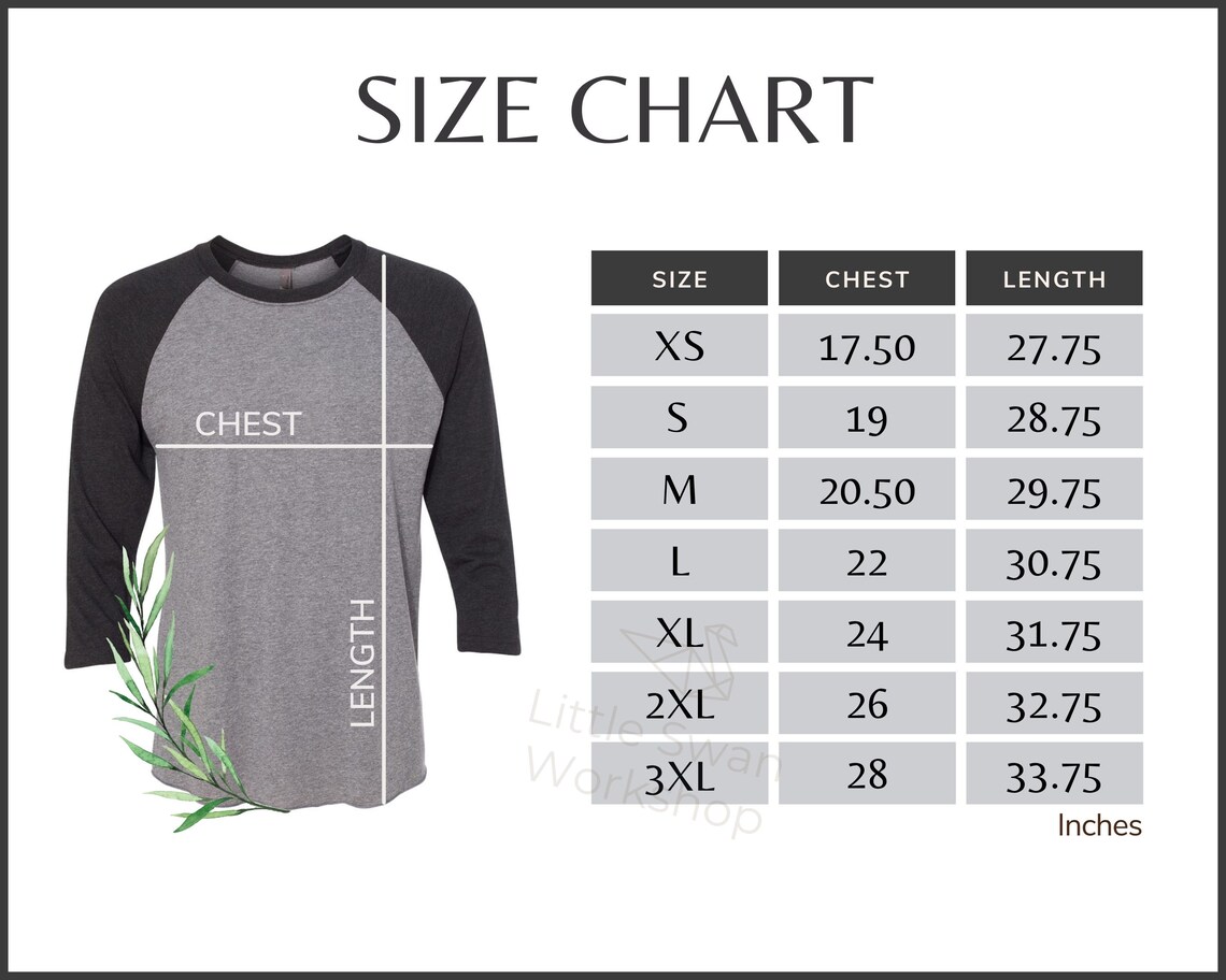 Next Level 6051 Size Chart Next Level 6051 Raglan Size Table Next Level ...