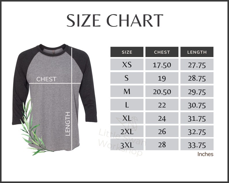 Next Level 6051 Size Chart Next Level 6051 Raglan Size Table Next Level ...