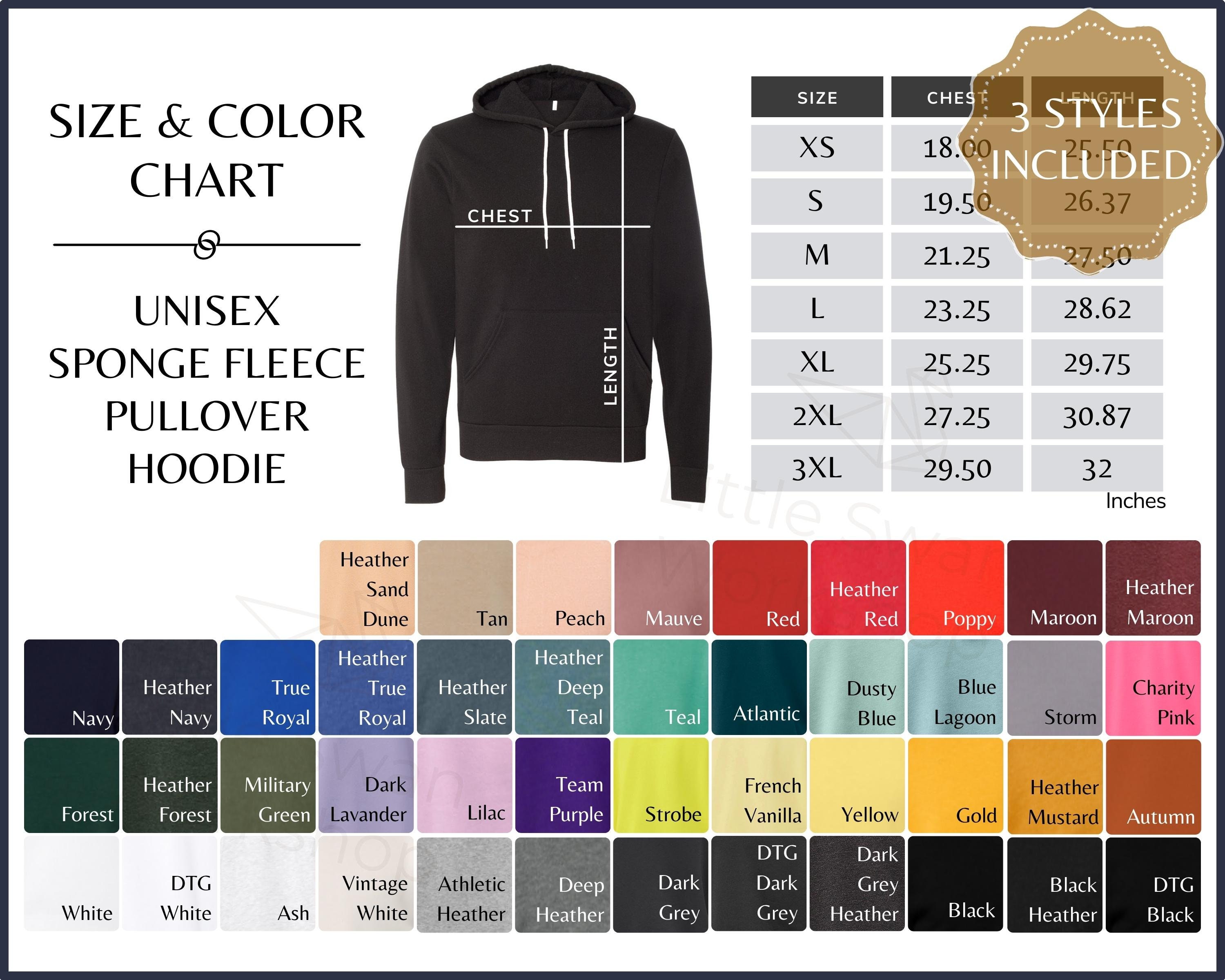Bella Canvas 3719 Color Chart - 3719 Unisex Sponge Hoodie Size and ...