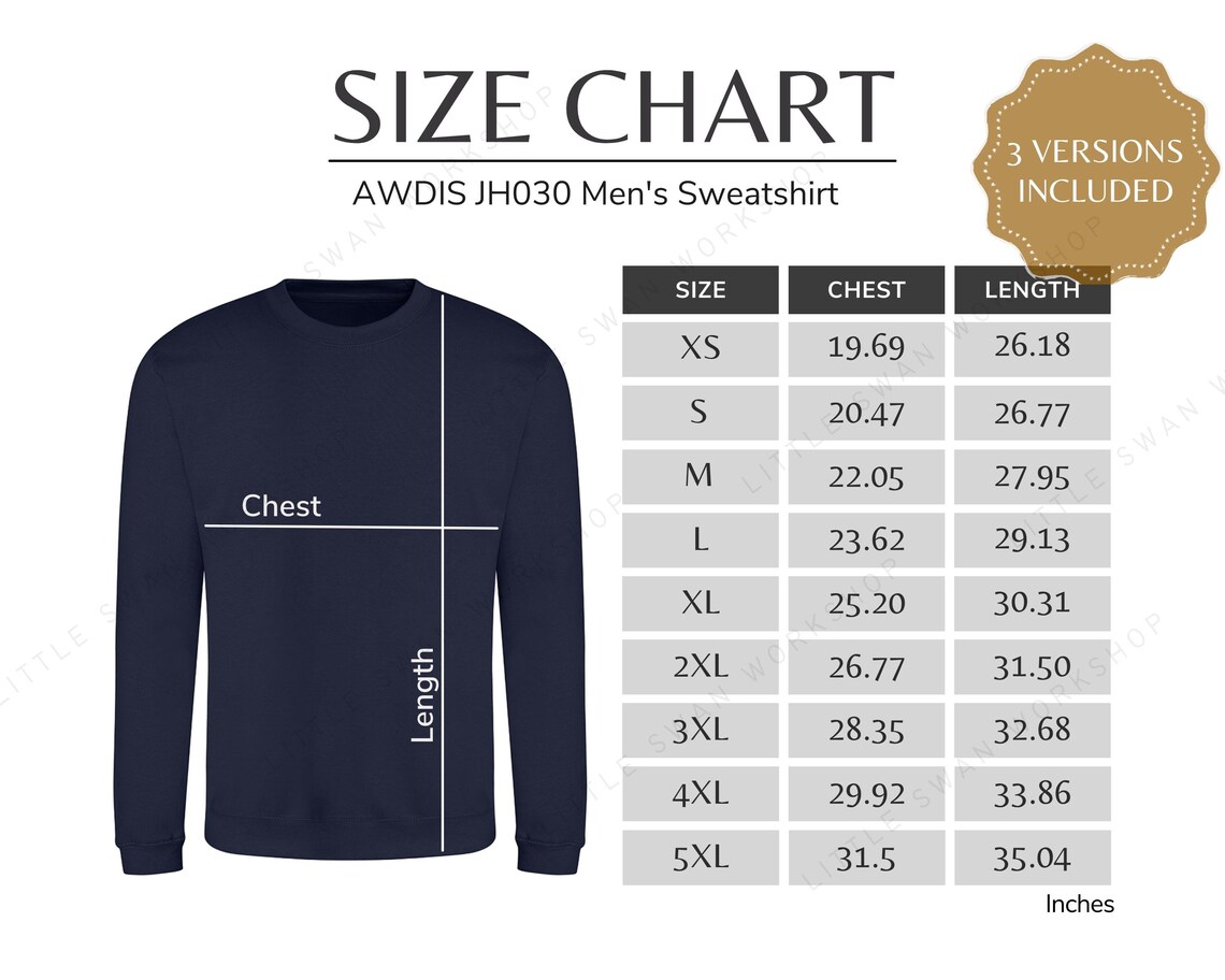AWDIS JH030 Size Chart, Men's Sweatshirt Size Table, JH 030 Sizing ...