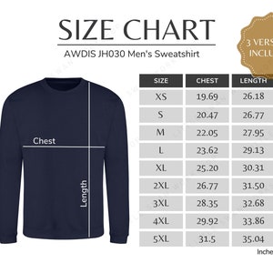AWDIS JH030 Size Chart, Men's Sweatshirt Size Table, JH 030 Sizing ...