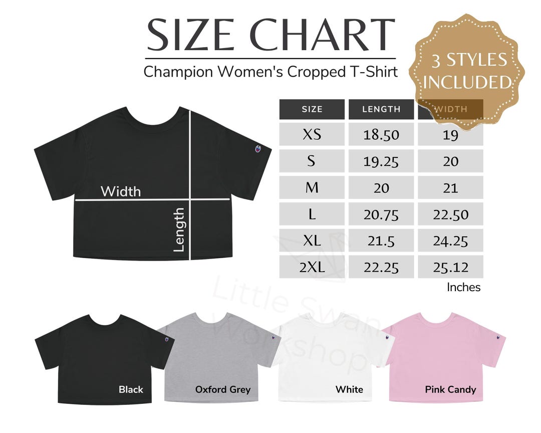 Champion T453W Size Chart, Women's Cropped T-shirt Size and Color Table ...