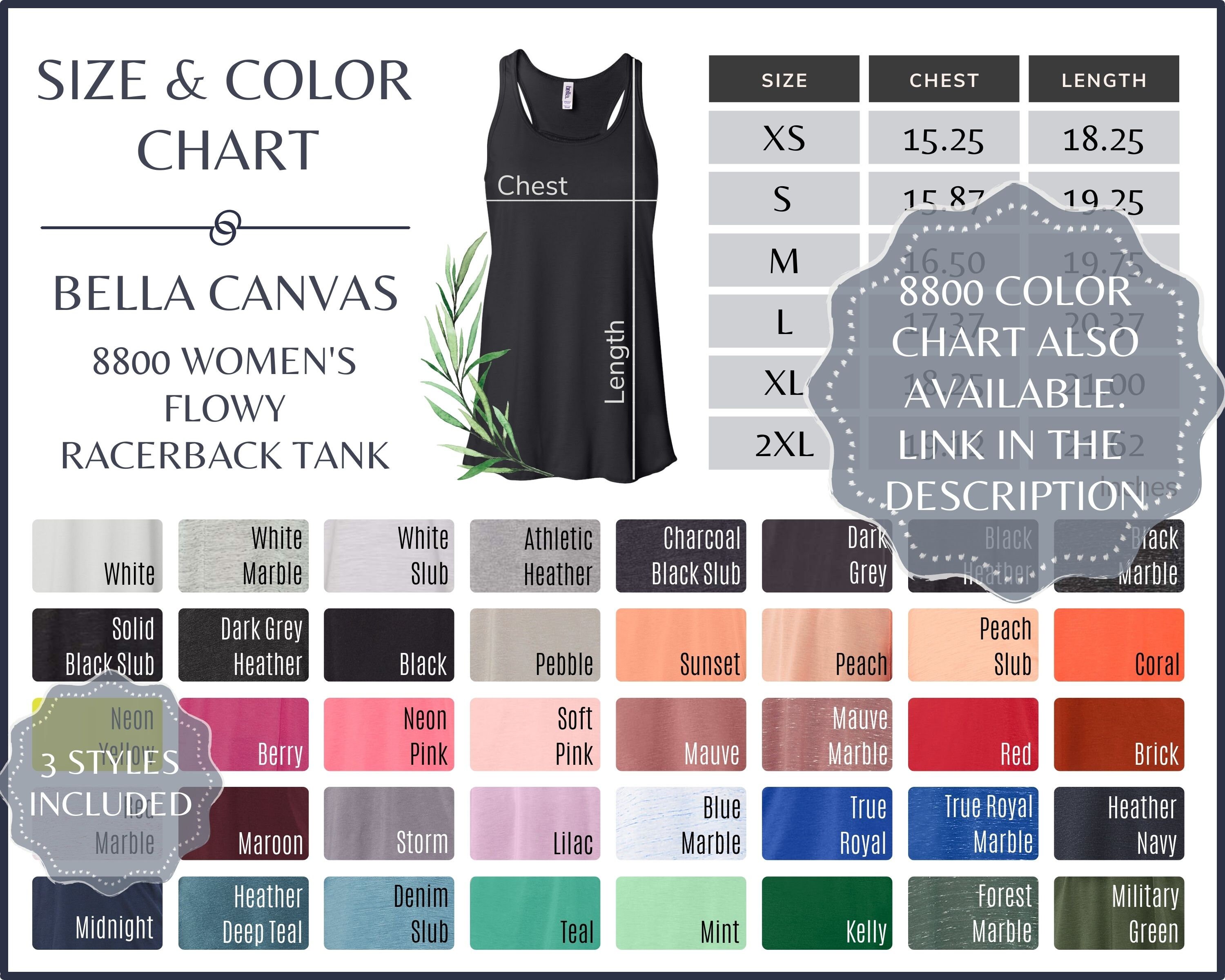 Bella Canvas 8800 Size Chart 8800 Women's Flowy Racerback Tank Size Table 8800 Mockup and Size ...