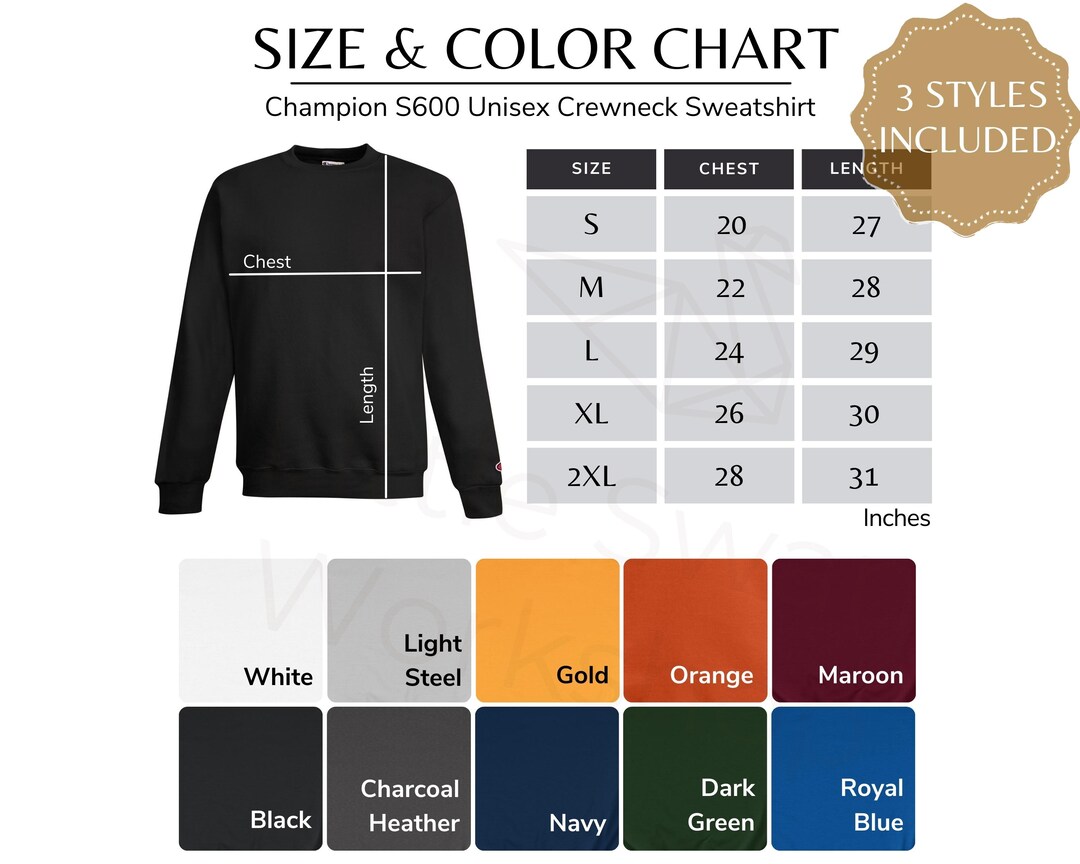 Champion S600 Color and Size Chart,unisex Sweatshirt Printify Colors, S ...