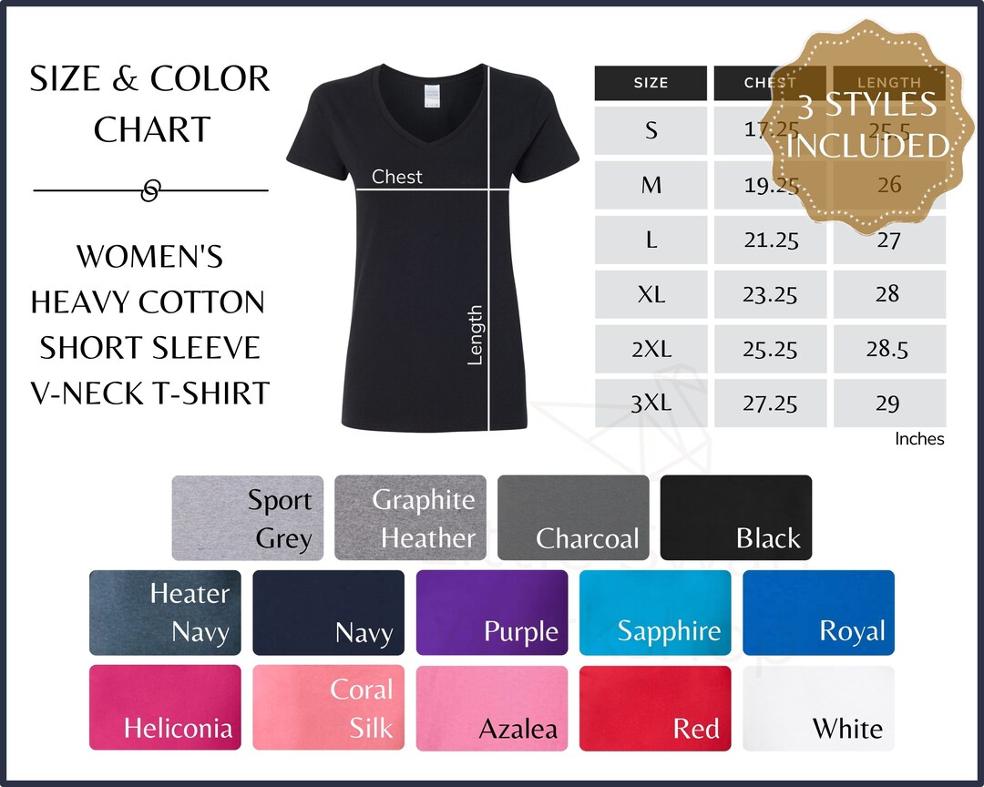 Gildan 5V00L V-neck T-shirt Size Chart: Color Guide (digital Download ...