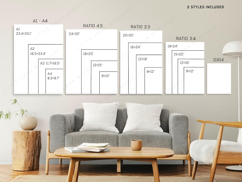 Wall Art Size Chart, Frame Size Guide, Ratio Table, Living Room Wall ...