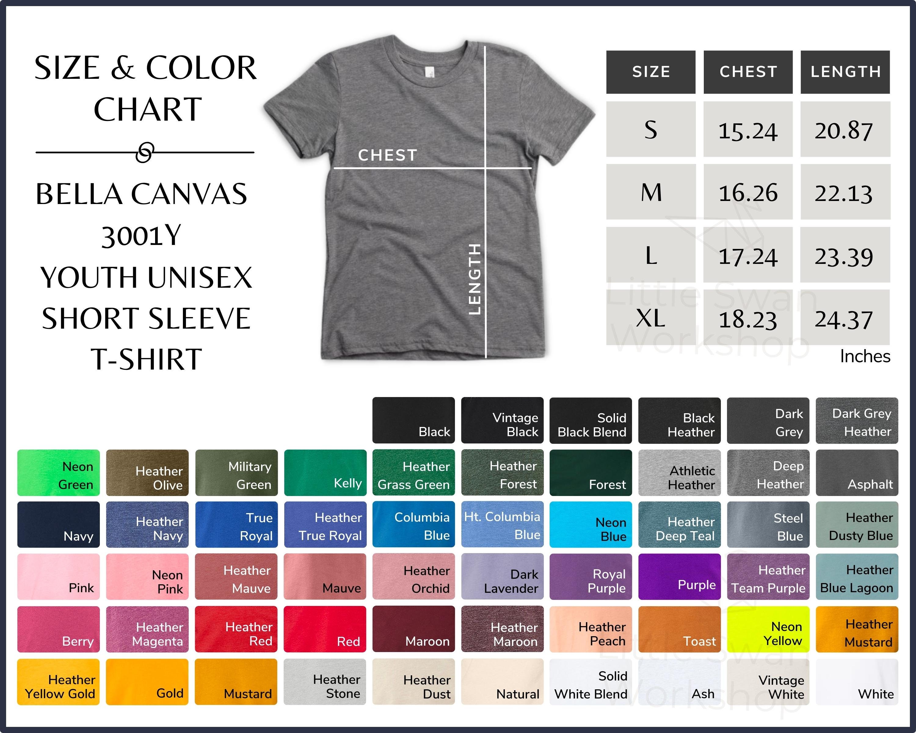 Bella Canvas 3001Y Color Chart, Youth Size and Color Guide, BC 3001Y and 311YCVC Color & Size ...