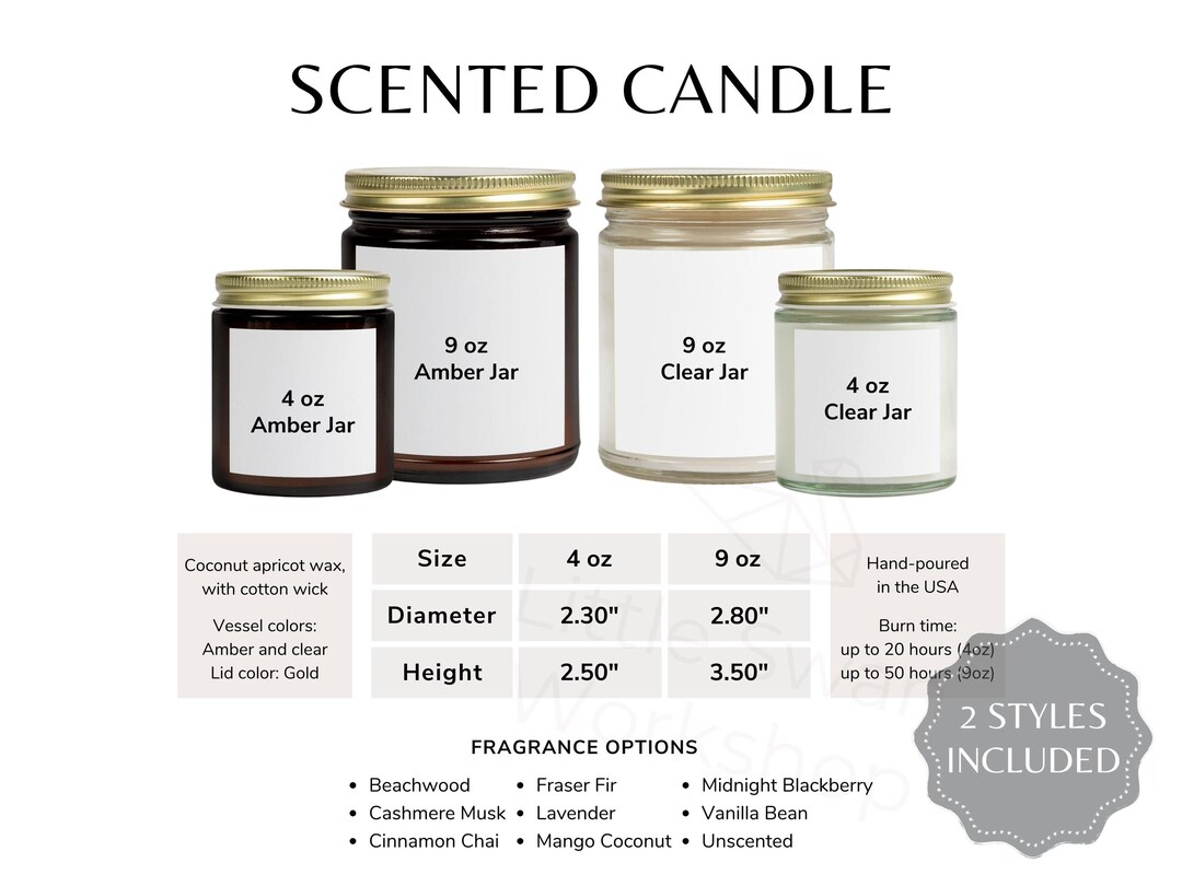 Scented Candle Size Chart, Coconut Apricot Wax 4oz 9oz Sizing Guide ...