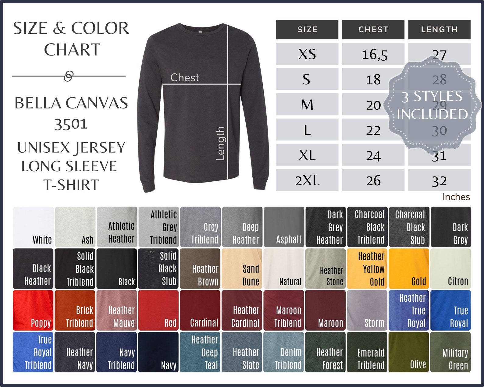 Bella Canvas 3501 Color Chart Bella Canvas 3501 Color and | Etsy