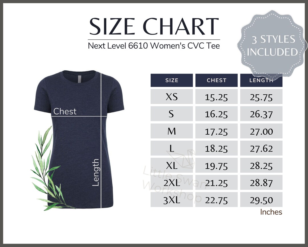 Next Level 6610 Size Chart, Women's Cvc Tee, 6610 T-shirt Size Guide ...
