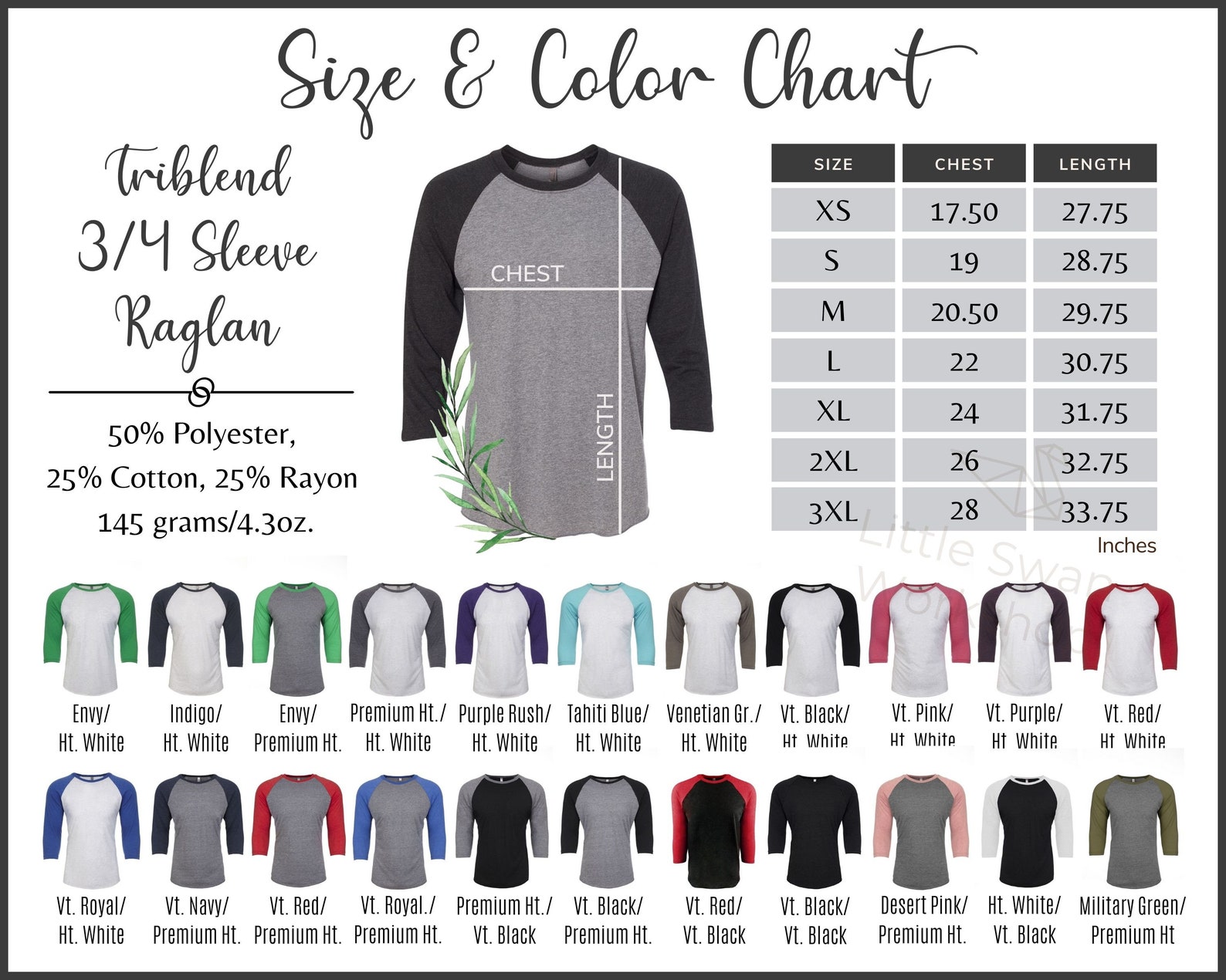 Next Level 6051 Color Char, Next Level 6051 Raglan Color and Size Table ...