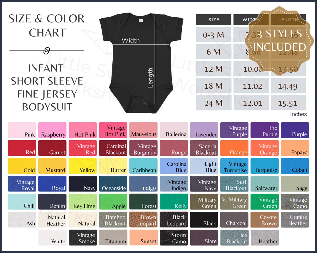 Infant Bodysuit Color Chart: Size Guide, All 68 Colors (digital ...