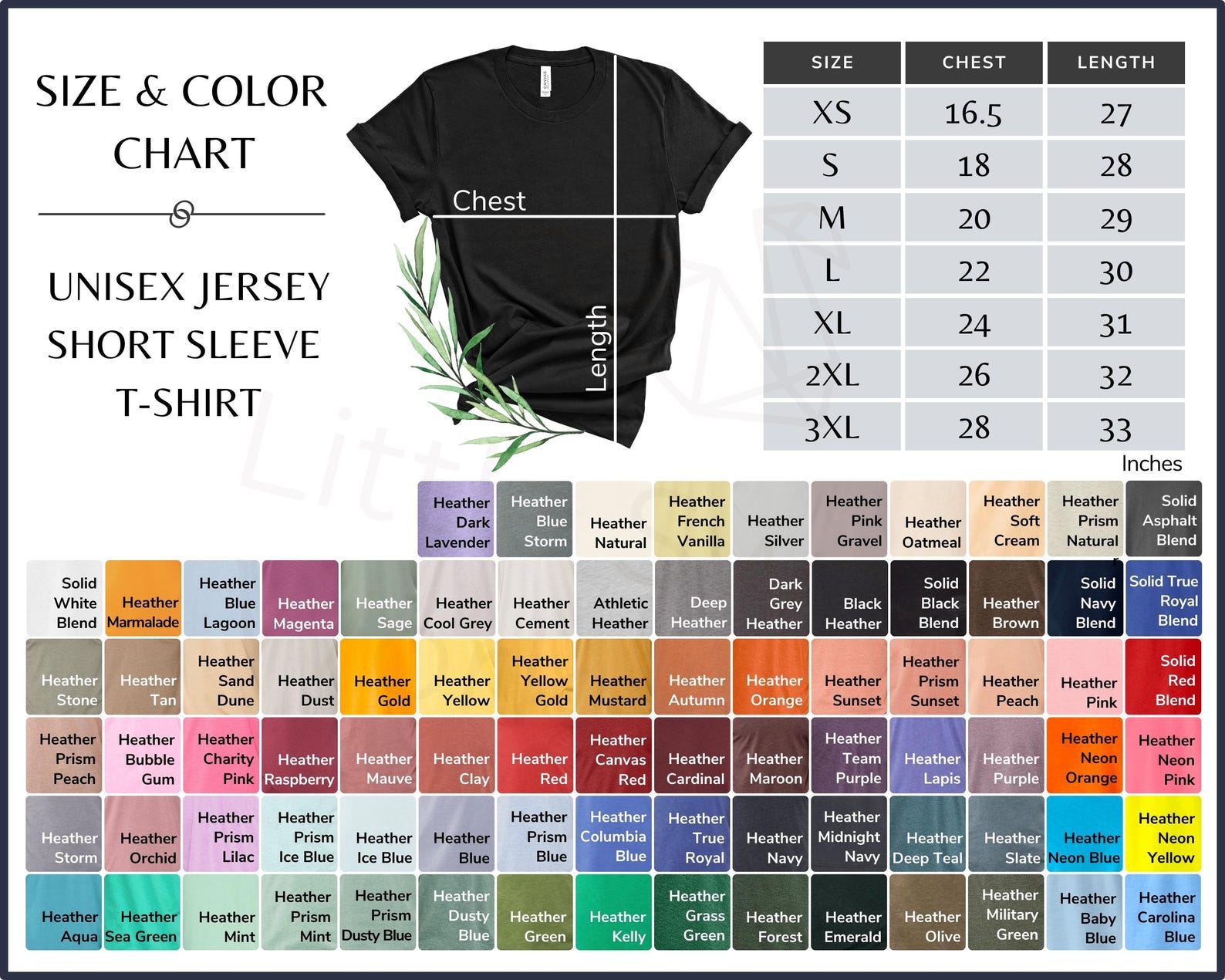 Bella Canvas 3001cvc Heather Color Chart & Size Guide (digital Download ...