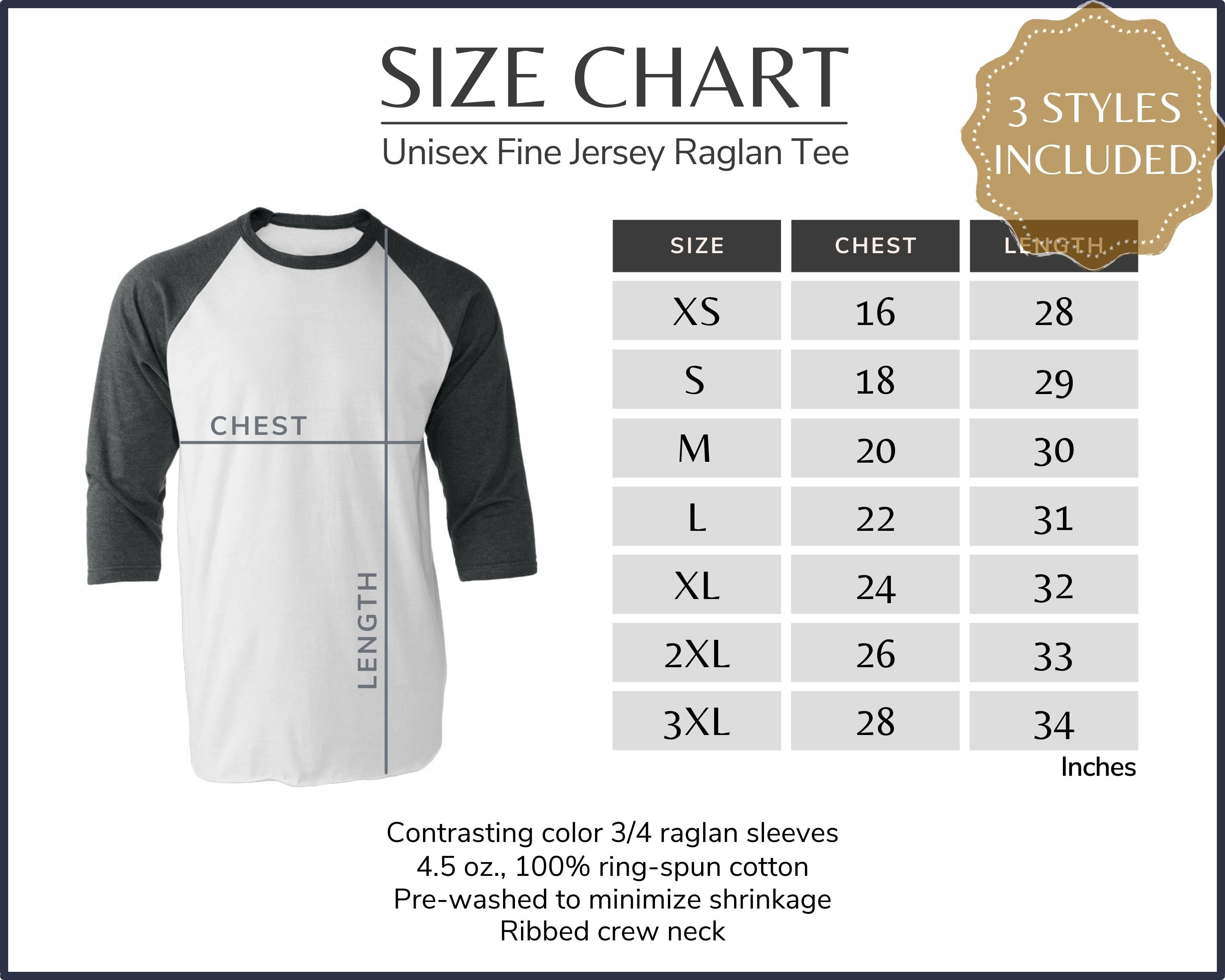 Tultex 245 Size Chart 245TC Tultex 3/4 Raglan Size Table - Etsy