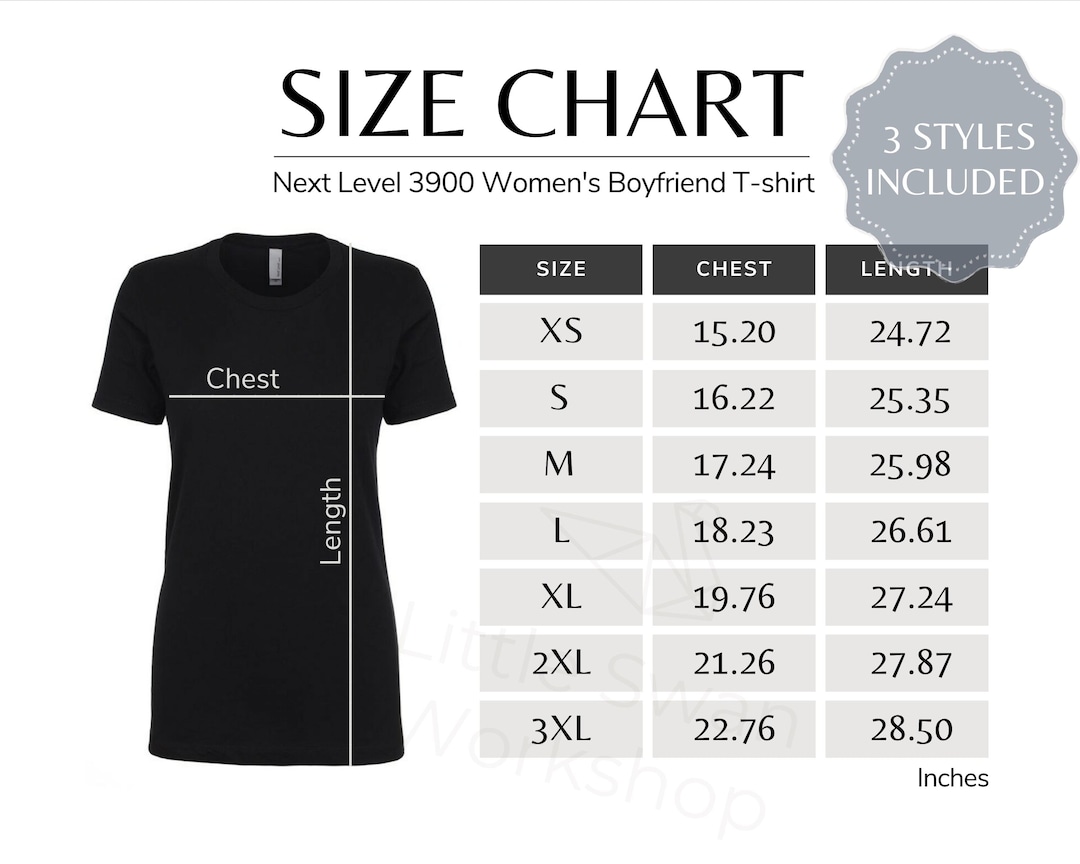 Next Level 3900 Size Chart, Women's Boyfriend Tee Size Guide, 3900 ...