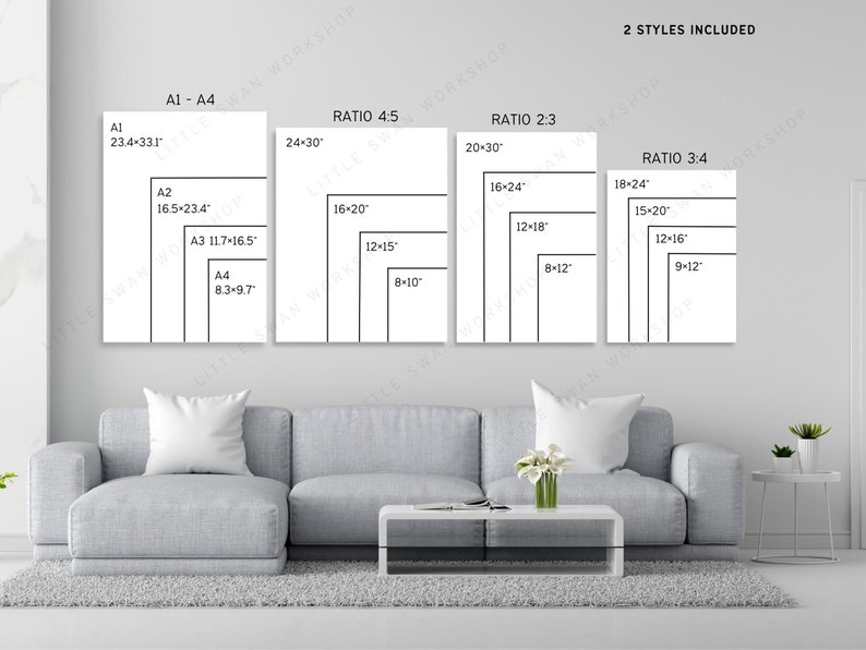Wall Art Size Chart, Frame Size Guide, Ratio Table, Living Room Wall ...