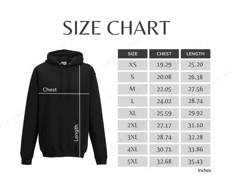 AWDIS JH001 Size Chart, Unisex Hoodie Size Table, JH 001 Sizing Guide ...