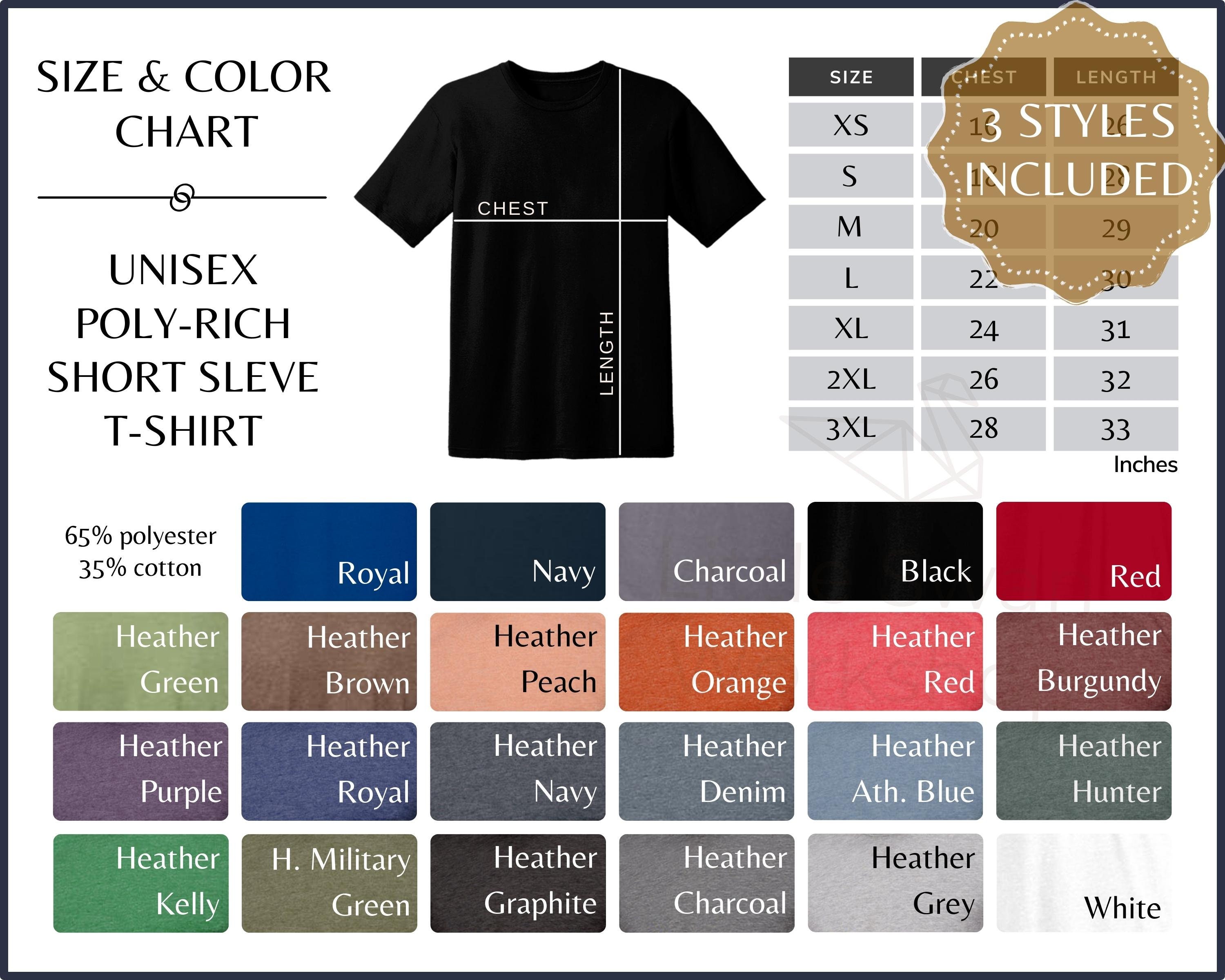 Tultex 241 Color Chart, Poly Rich T-shirt Color and Size Table, 241 ...