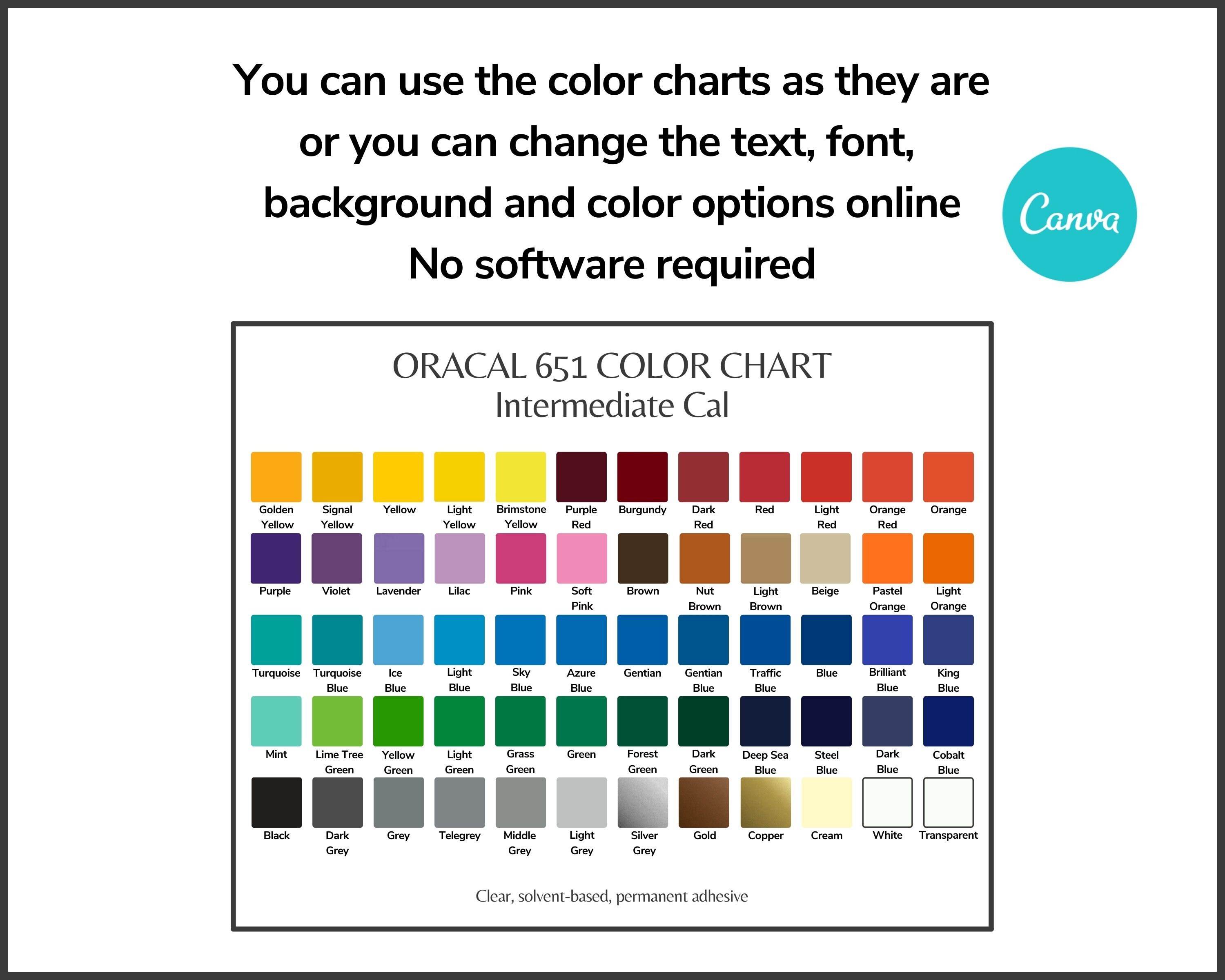 ORACAL 651 Color Chart - Oracle 651 Permanent Vinyl Color Guide, 2 ...