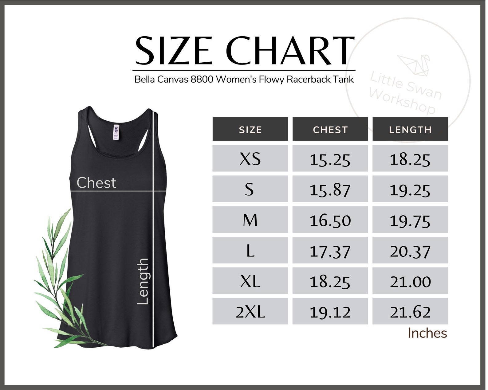 Bella Canvas 8800 Size Chart 8800 Women's Flowy Racerback Tank Size Table 8800 Mockup and Size ...