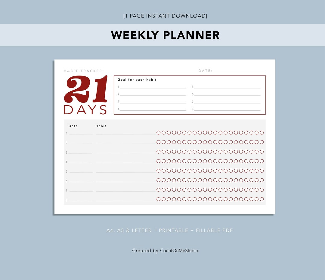 21 Days Habit Tracker Landscape Download and Printable A4, A5, and ...