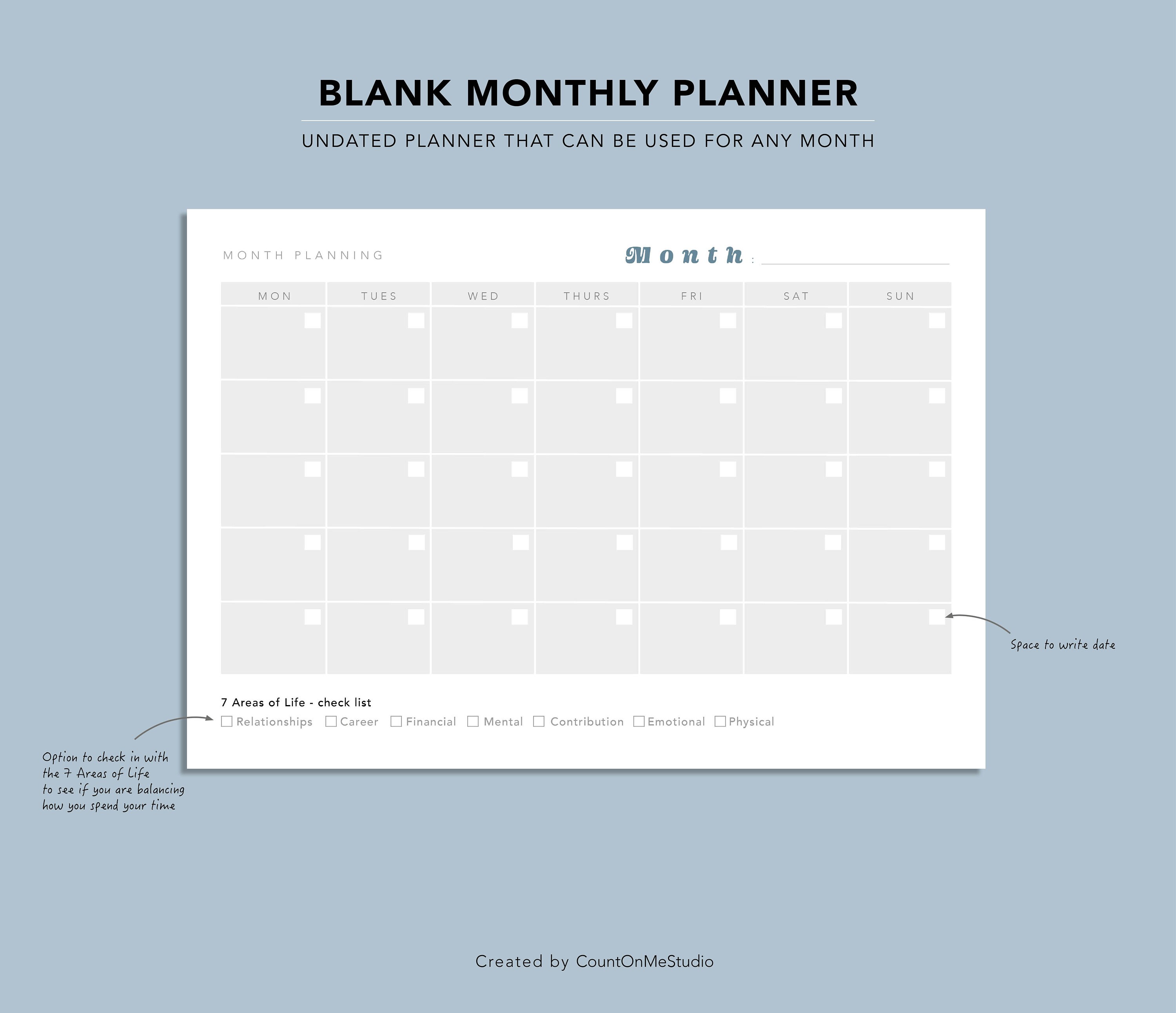 Blank Monthly Planner Landscape Download and Printable A4, A5, and ...