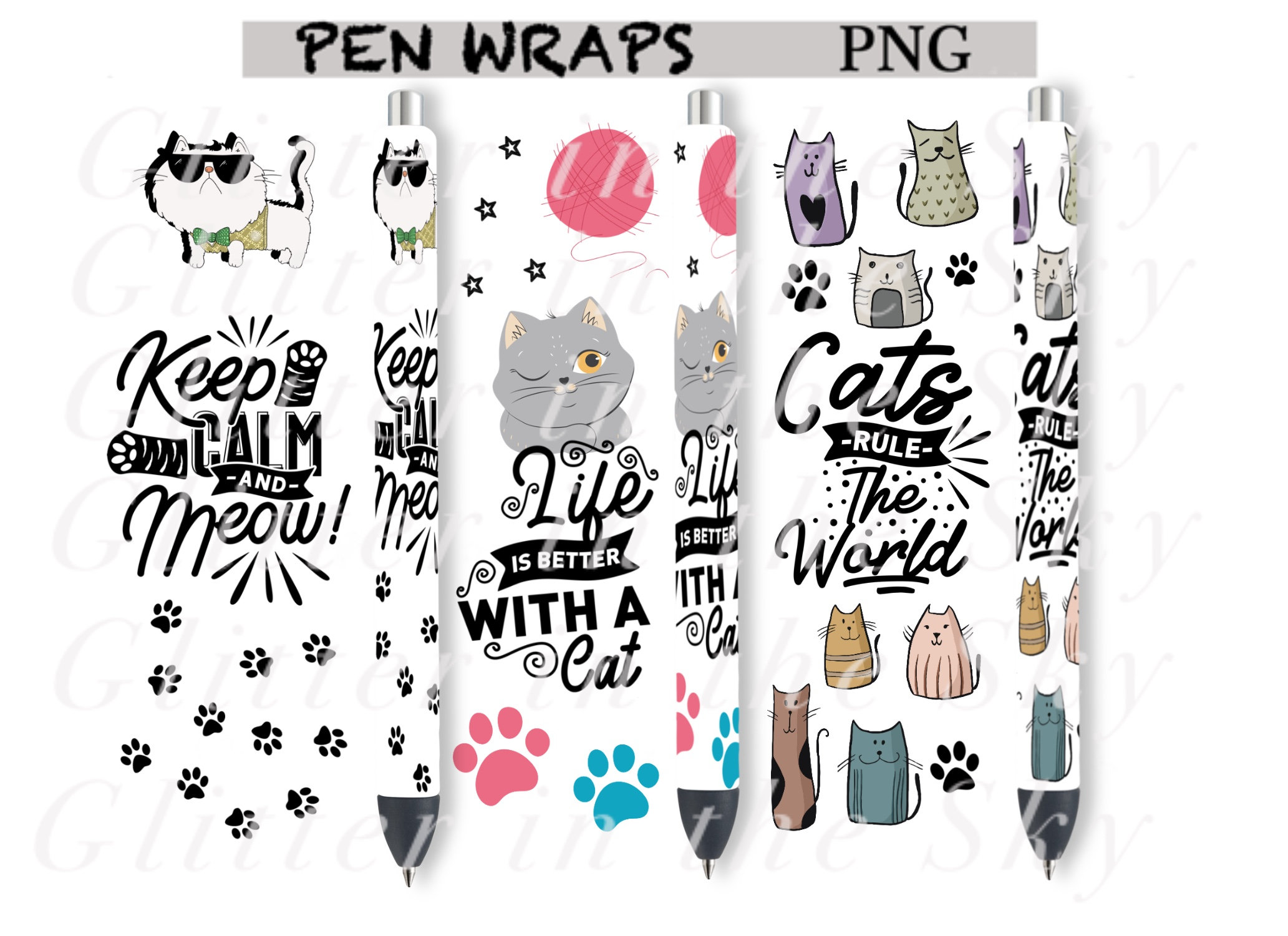 Cat Pen Wraps Cat Pen Glitter Pen Wraps Inkjoy Glitter Pen | Etsy