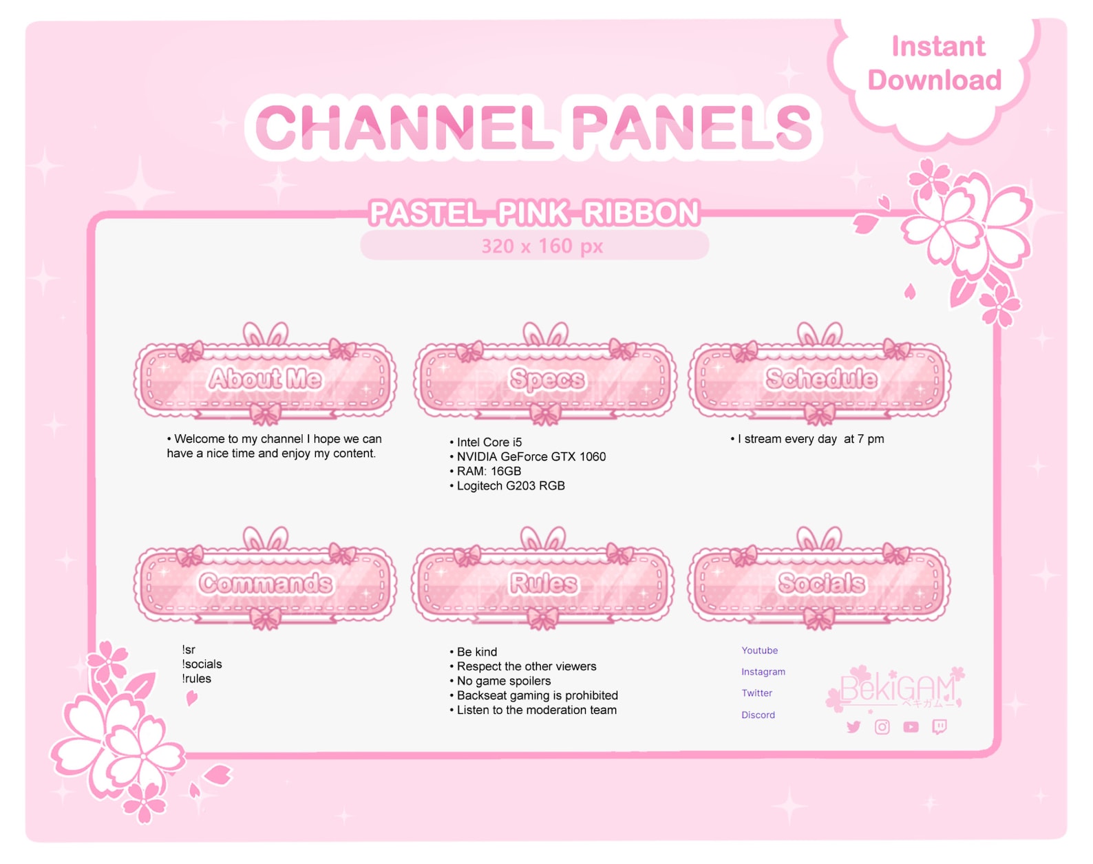 12 Pastel Pink Ribbon Panels / Girly Panels / Shrink Pink Panel / Cute Panel / Streaming Bundle ...
