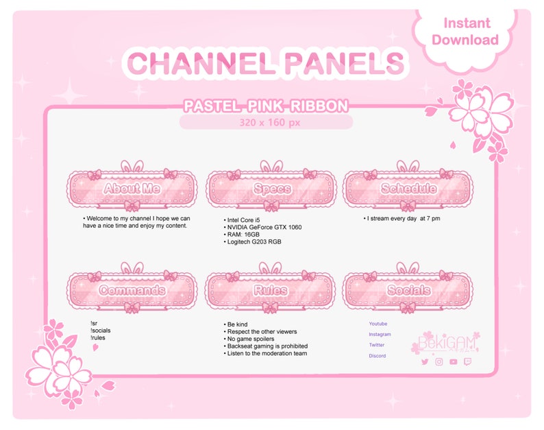 12 Pastel Pink Ribbon Panels / Girly Panels / Shrink Pink Panel / Cute Panel / Streaming Bundle ...