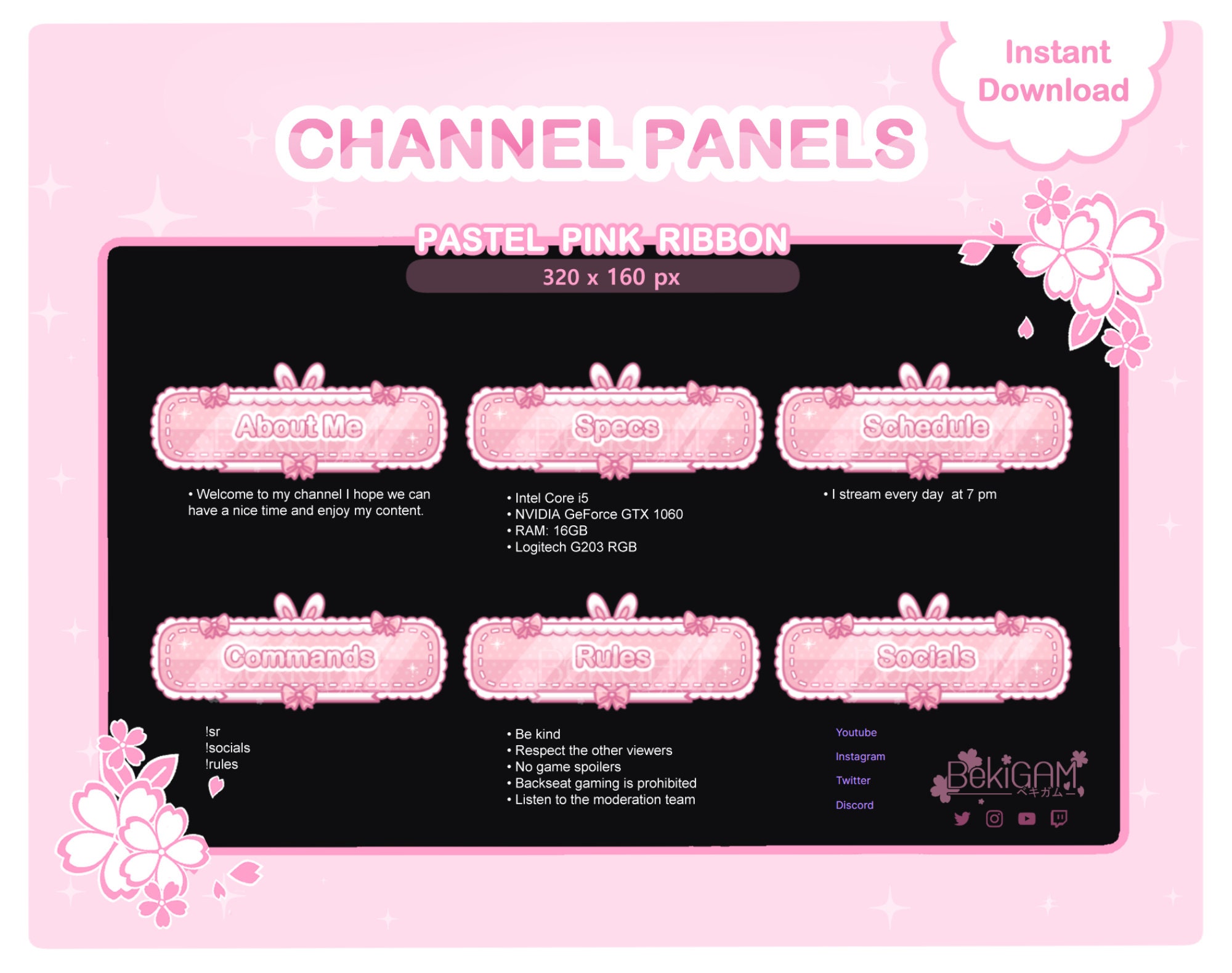 12 Pastel Pink Ribbon Panels / Girly Panels / Shrink Pink Panel / Cute Panel / Streaming Bundle ...