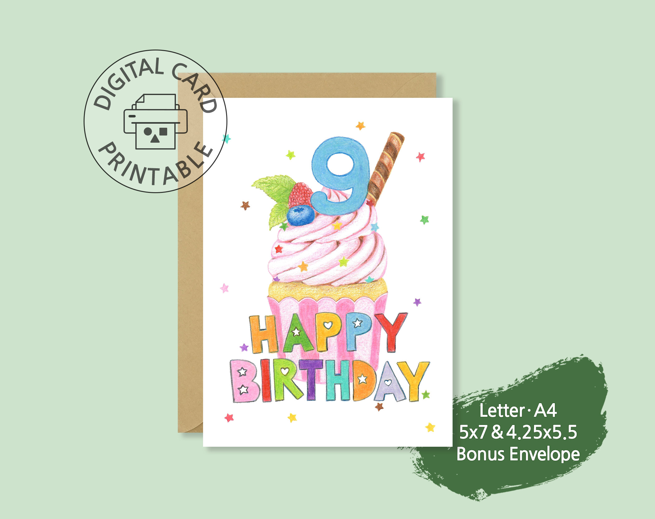 Printable 9th Birthday Card, Envelope Template, 9 Year Old Birthday ...