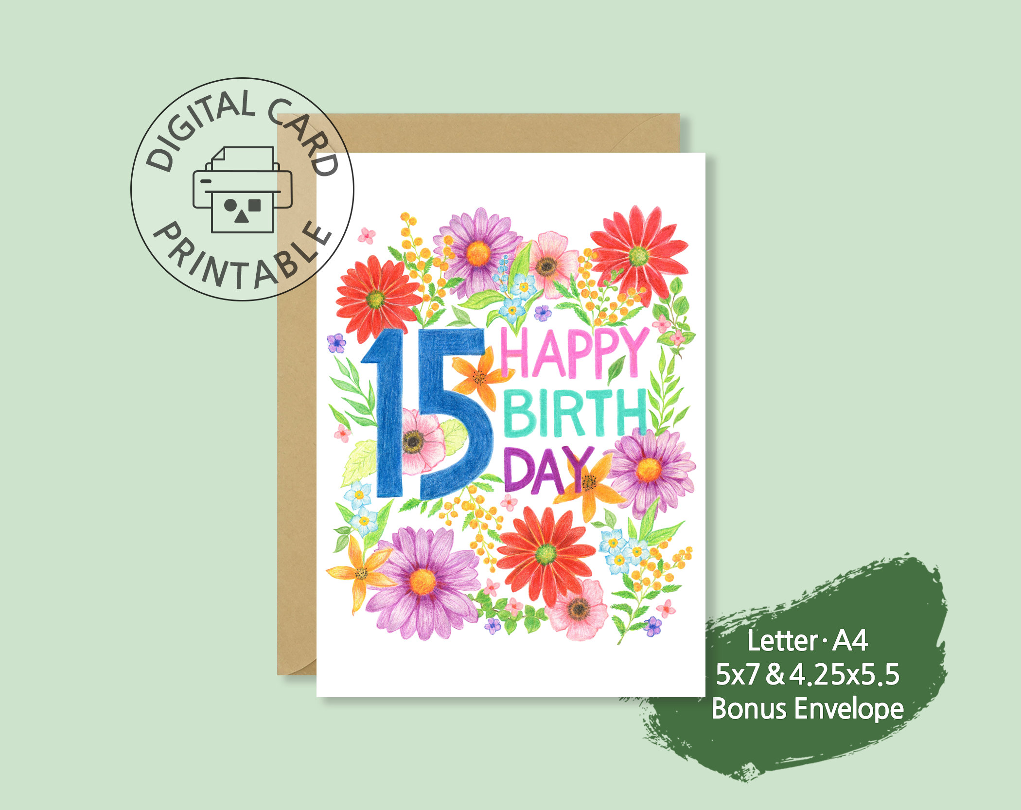 Printable 15th Birthday Card, Envelope Template, 15 Year Old Birthday ...