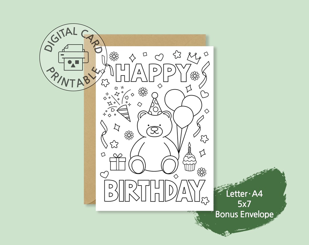Printable Happy Birthday Bear Coloring Card, Envelope Template, 5x7 ...