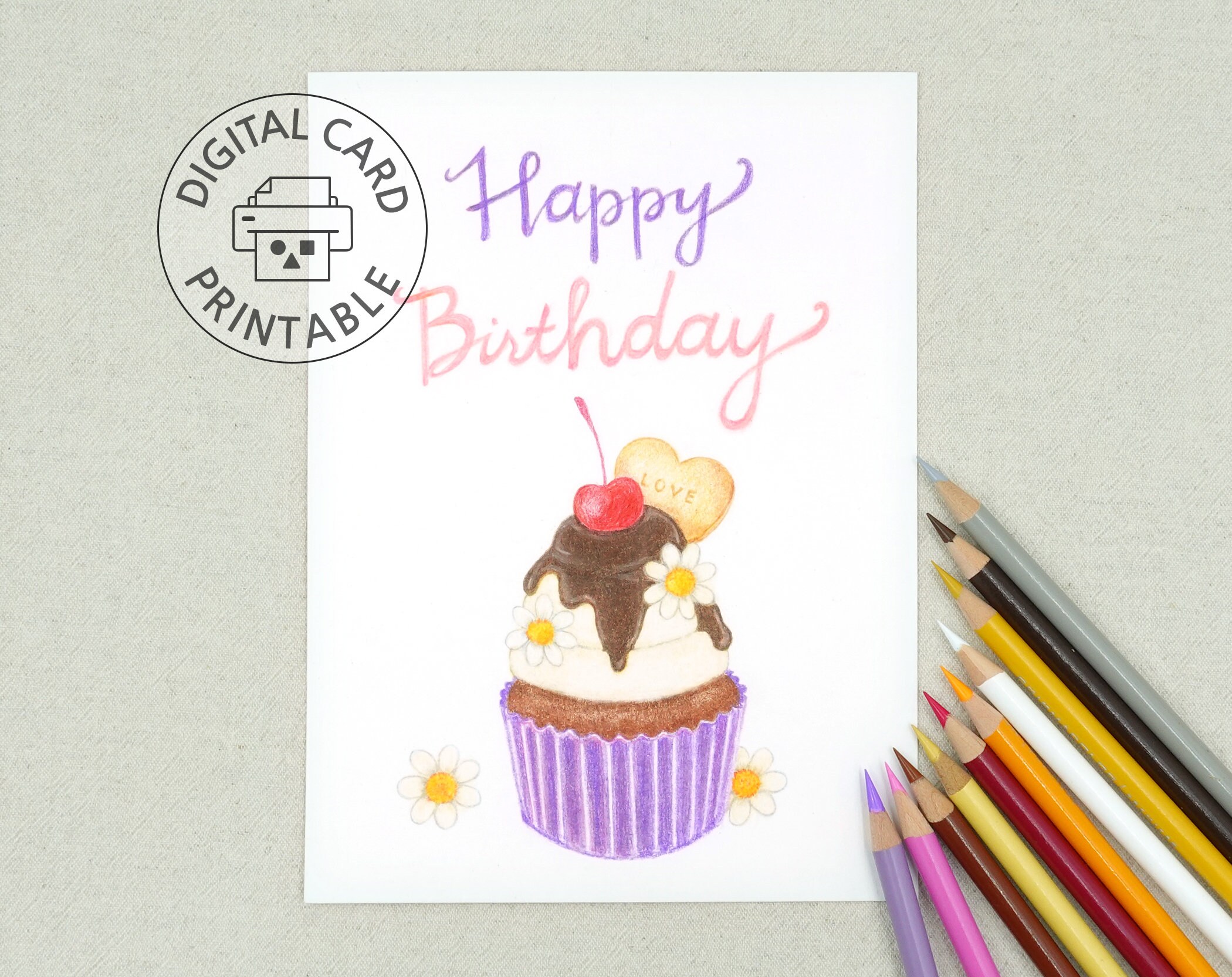 Printable Happy Birthday Card Envelope Template Love Cupcake - Etsy