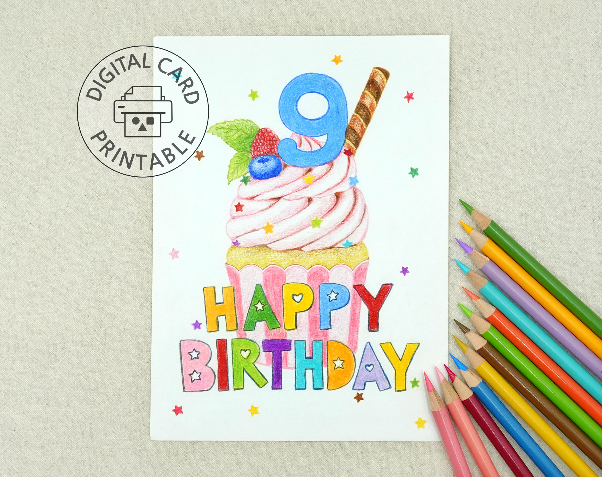 Printable 9th Birthday Card, Envelope Template, 9 Year Old Birthday ...