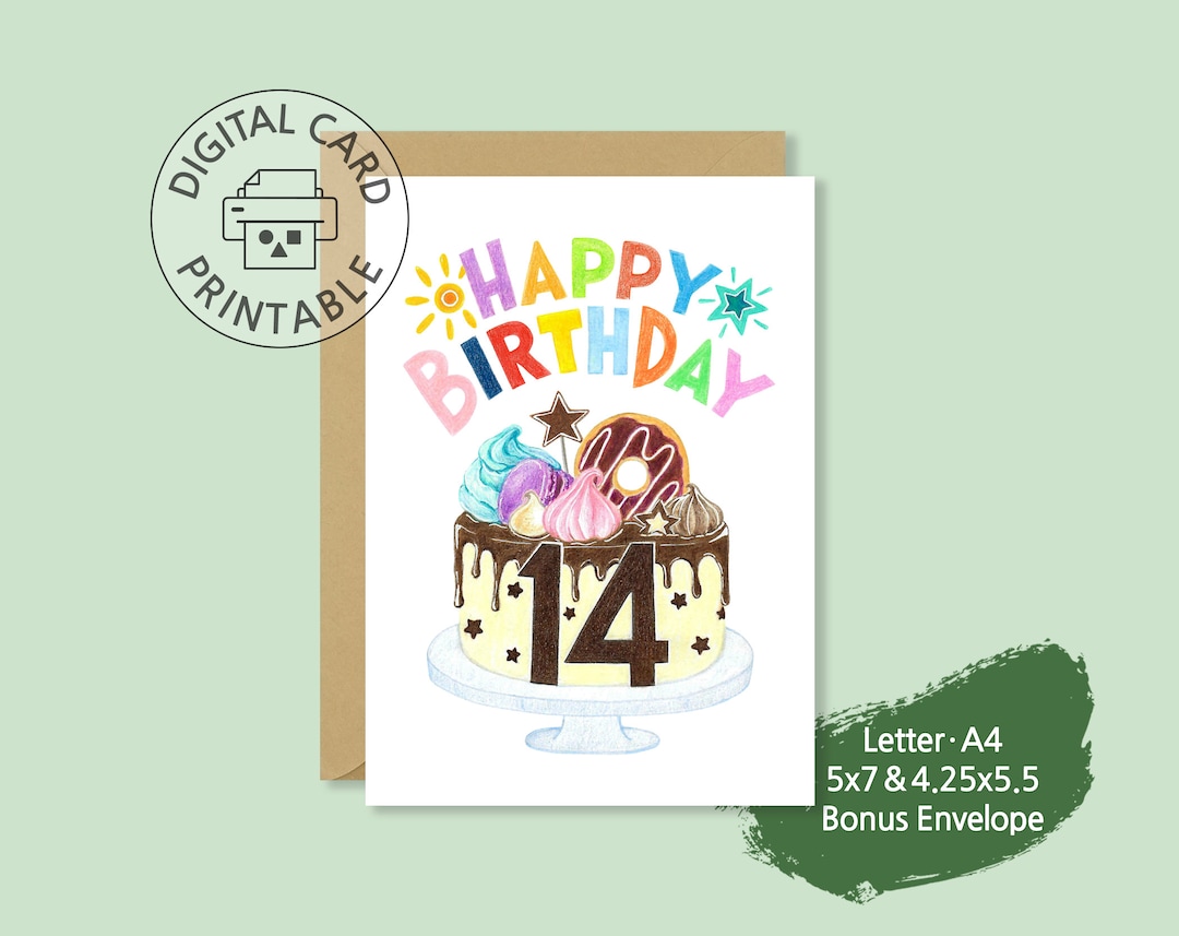 Printable 14th Birthday Card, Envelope Template, 14 Year Old Birthday ...