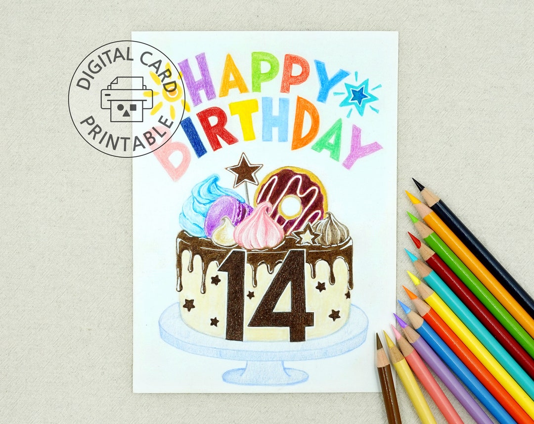 Printable 14th Birthday Card, 14 Year Old Birthday Cake Card, Fourteen ...