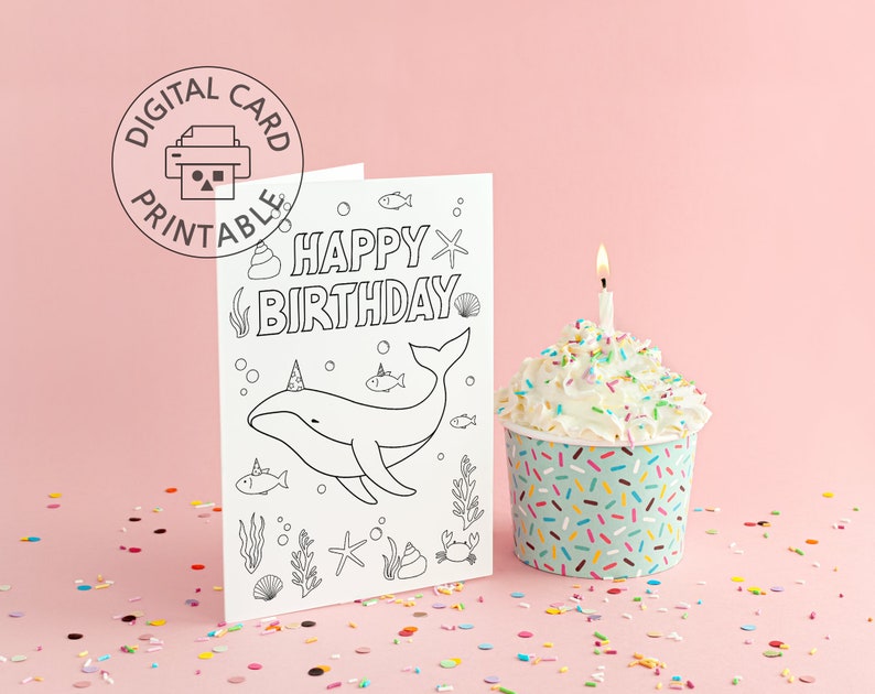 Printable Happy Birthday Whale Coloring Card, Bonus Envelope, 5x7 ...