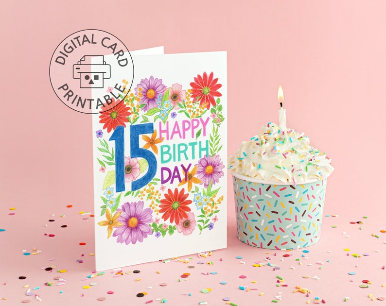 Printable 15th Birthday Card, Envelope Template, 15 Year Old Birthday ...