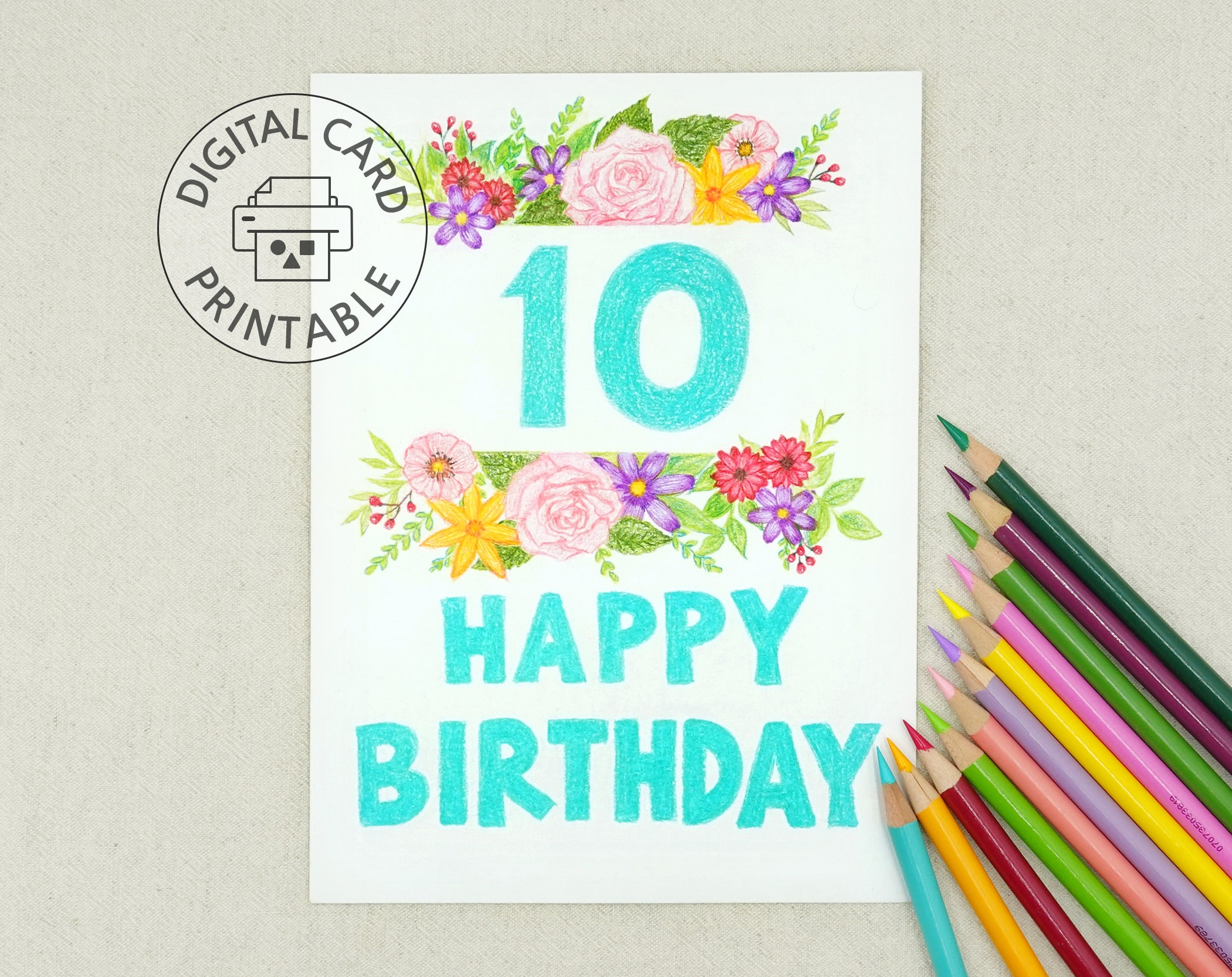 Printable 10th Birthday Card, Envelope Template, 10 Year Old Birthday ...