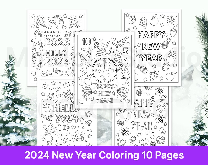 Printable 10 Happy New Year 2024 Coloring Pages, Instant Download ...