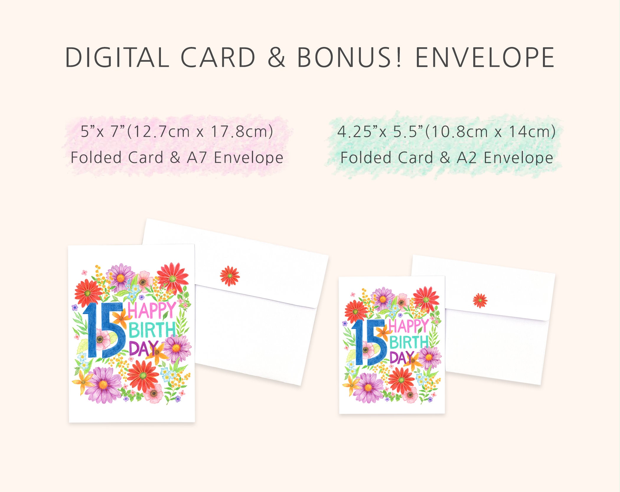 Printable 15th Birthday Card, Envelope Template, 15 Year Old Birthday ...