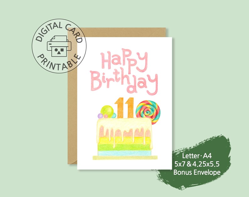Printable 11th Birthday Card, Envelope Template, 11 Year Old Birthday ...