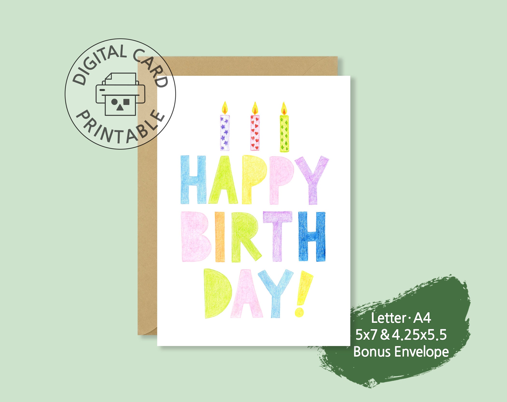 Printable Birthday Card, Envelope Template, Candle Birthday Card ...